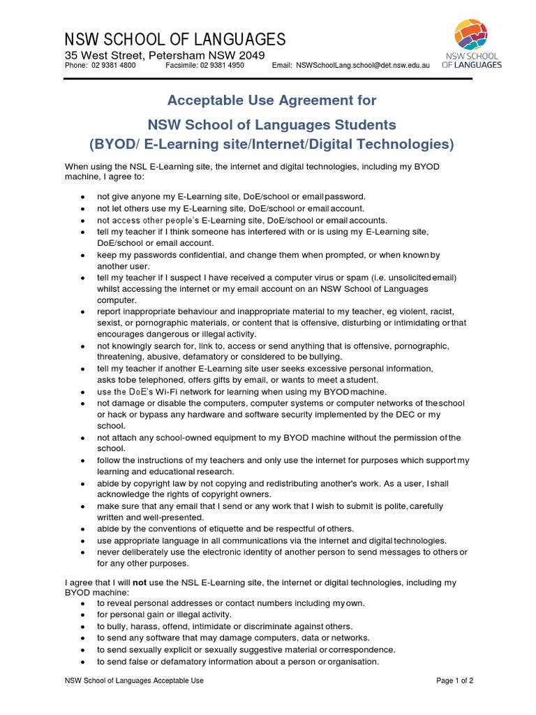 NSL Acceptable Use Agreement 2019 PDF | PDF | Educational Technology ...