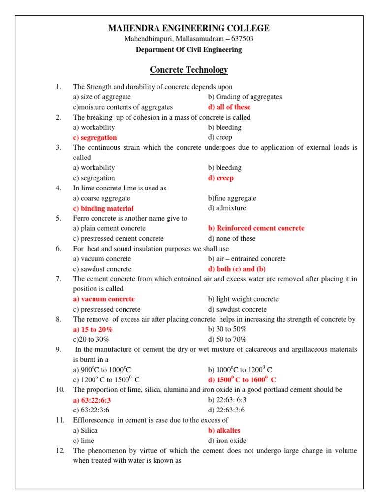 Concrete Technology 100 Objective Questions | PDF | Lime (Material ...