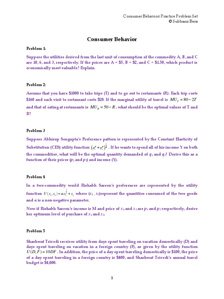 Problem Set - Consumer Behaviour | PDF | Utility | Prices