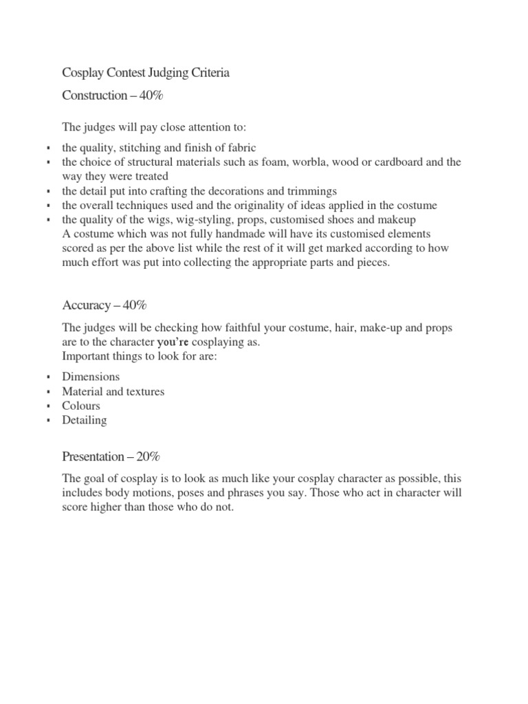 Cosplay Contest Judging Criteria Explained | PDF