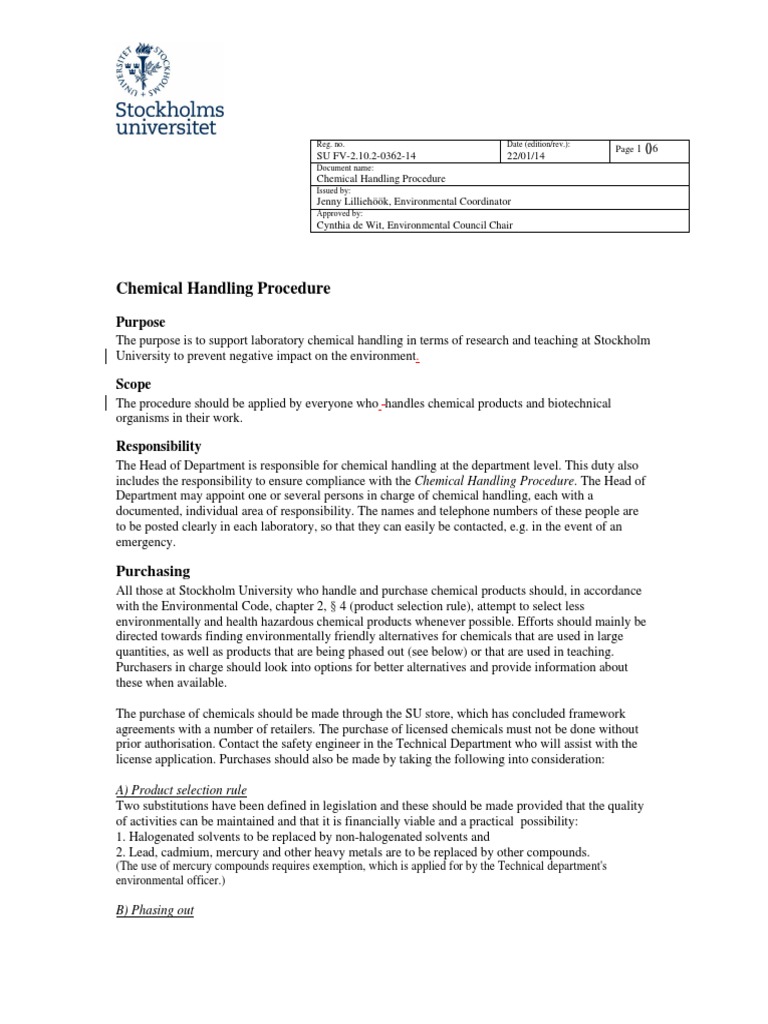 Chemical Handling Procedure Guide | PDF | Laboratories | Dangerous Goods