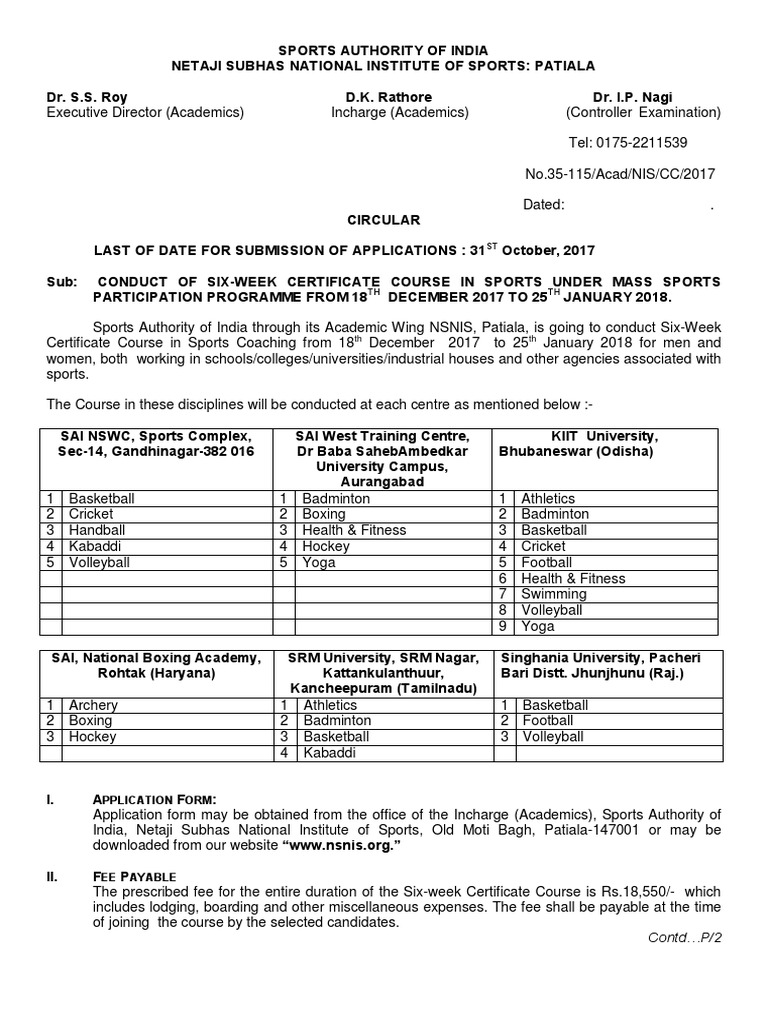 Circular For Six Week Certificate Course in Sports Coaching | PDF | Sports