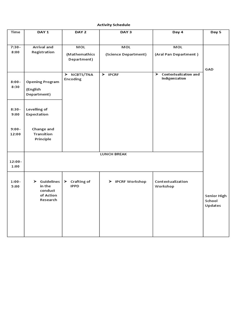 Activity Schedule Day 1 Day 2 Day 3 Day 4 Day 5: Contextualization and ...