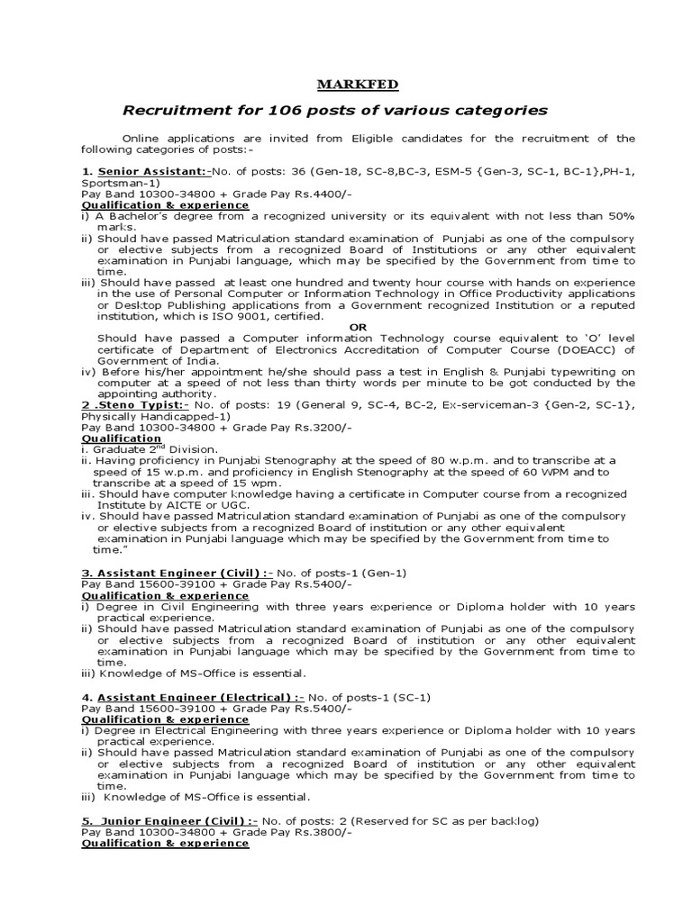 Markfed Recruitment For 106 Posts of Various Categories | PDF ...