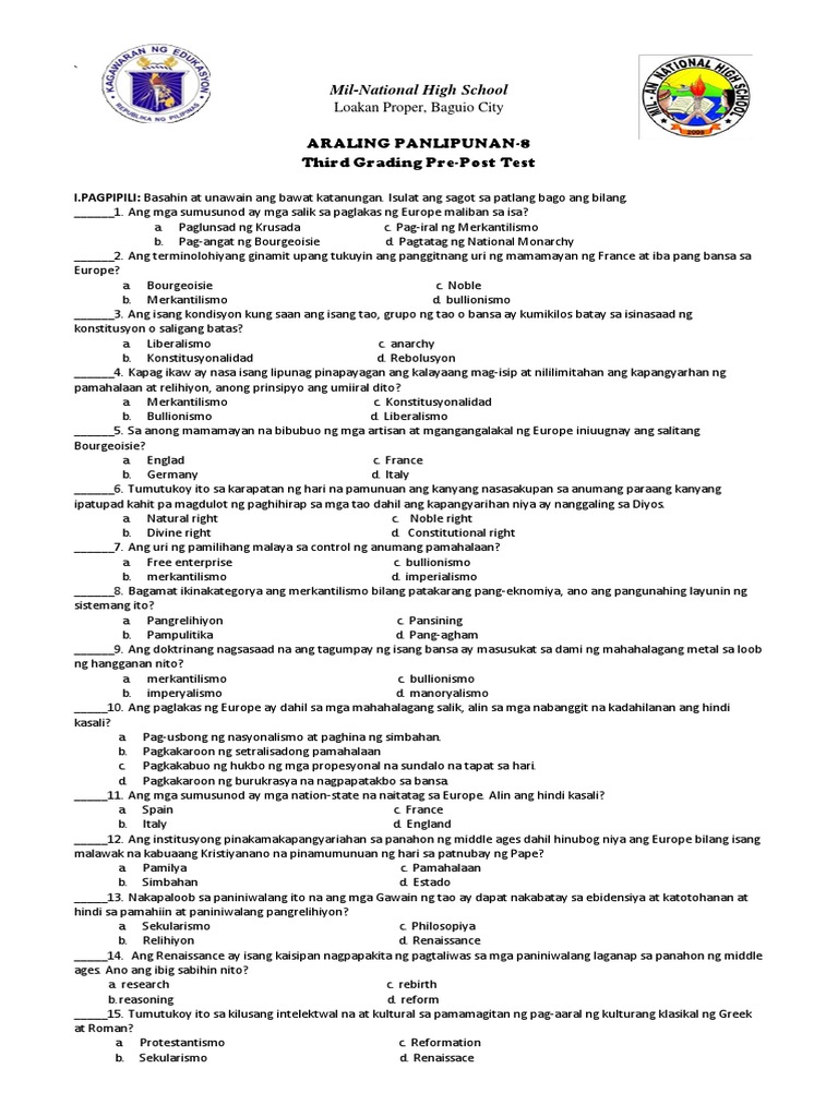 3rd Grading Pre-Post Test | PDF