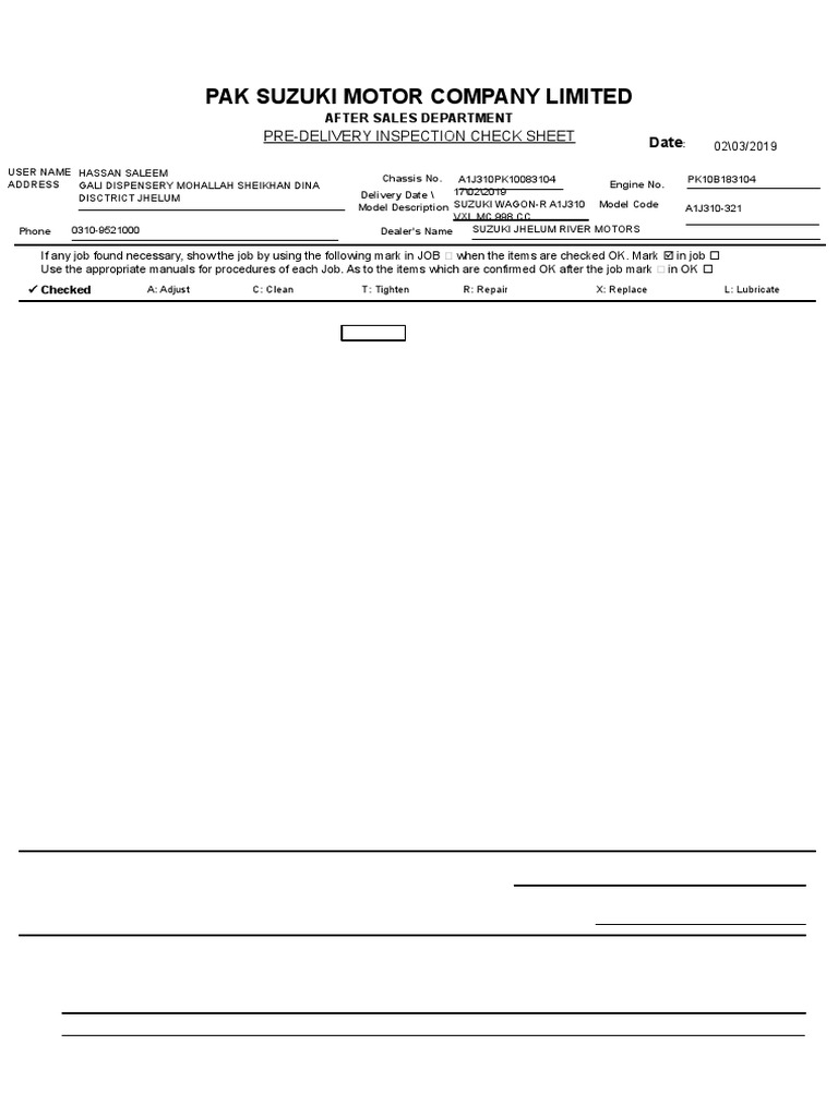 Blank Pdi Sheet | PDF | Transportation Engineering | Private Transport