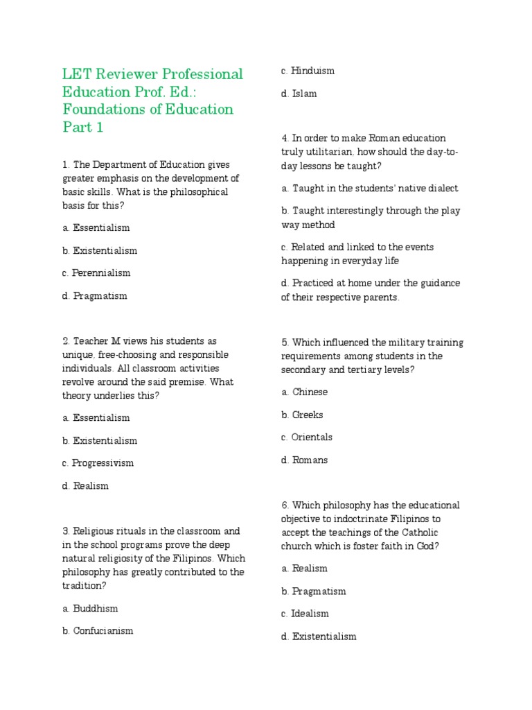 LET Reviewer | PDF | Philosophy Of Education | Teachers