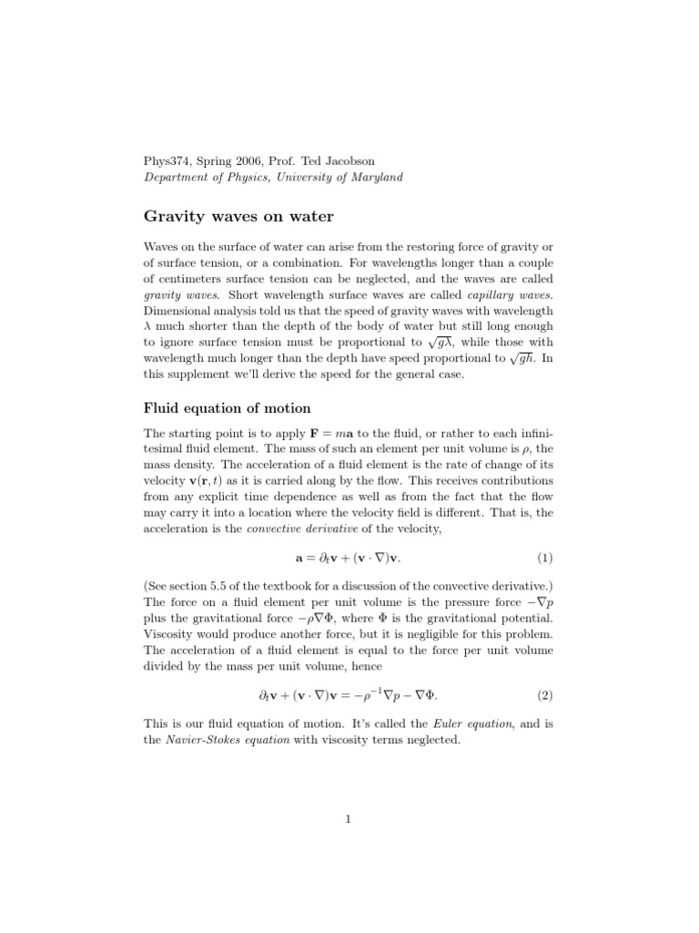 Gravity Waves On Water: Department of Physics, University of Maryland ...