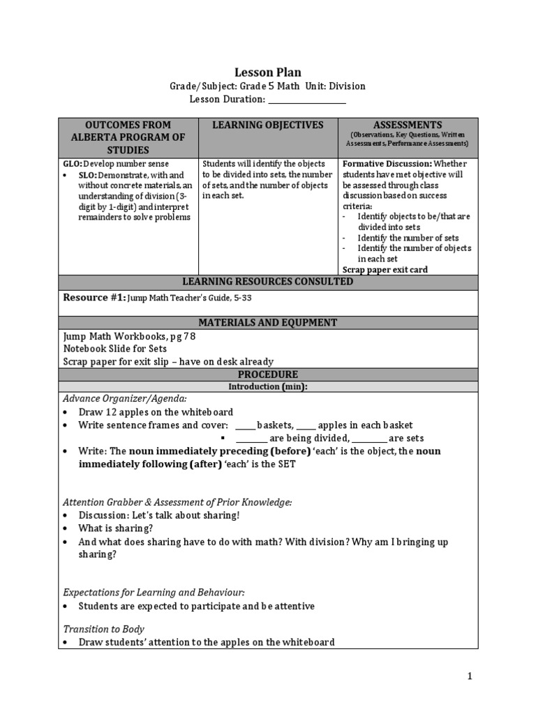 Lesson Plan: Outcomes From Alberta Program of Studies Learning ...