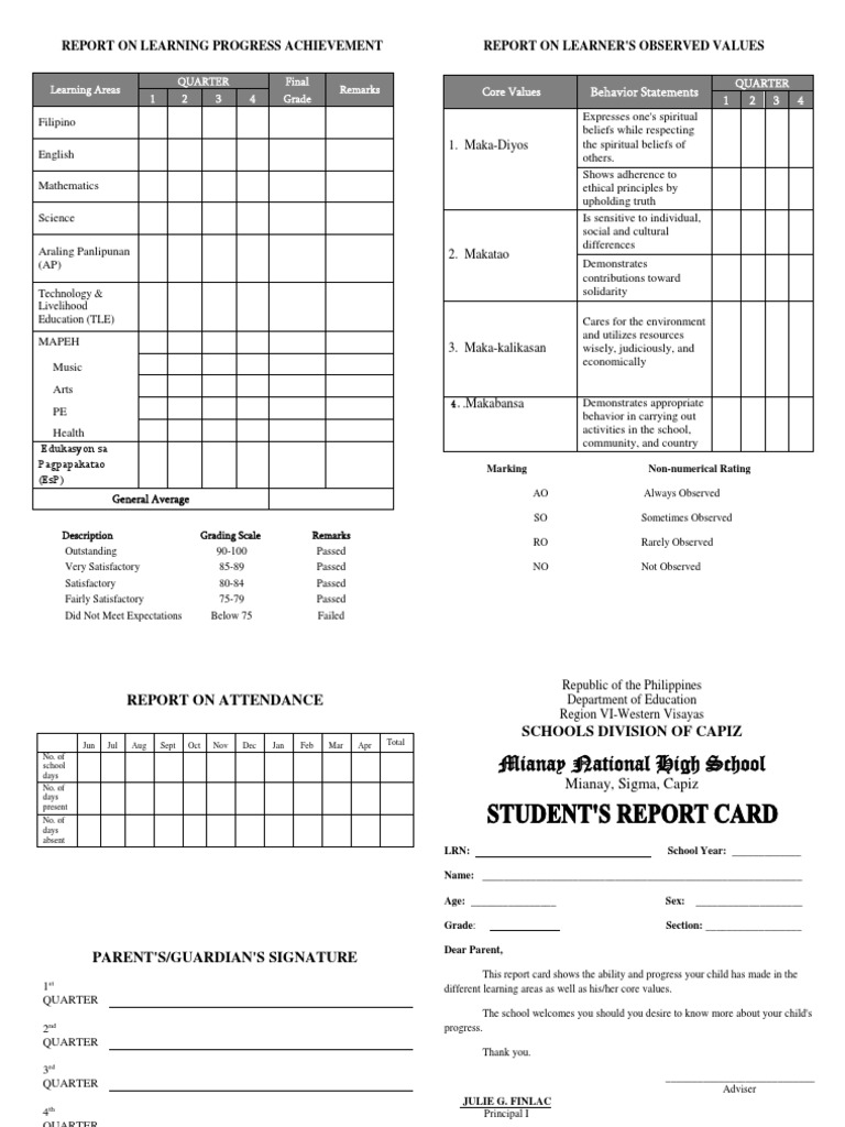Report On Learning Progress Achievement Report On Learner'S Observed ...