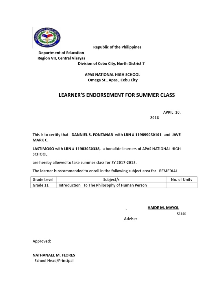 Endorsement For Summer Remedial Classes | PDF | Youth | Human Life Stages