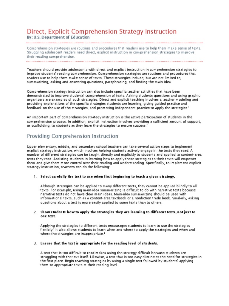 Direct, Explicit Comprehension Strategy Instruction | PDF | Reading Comprehension | Teachers