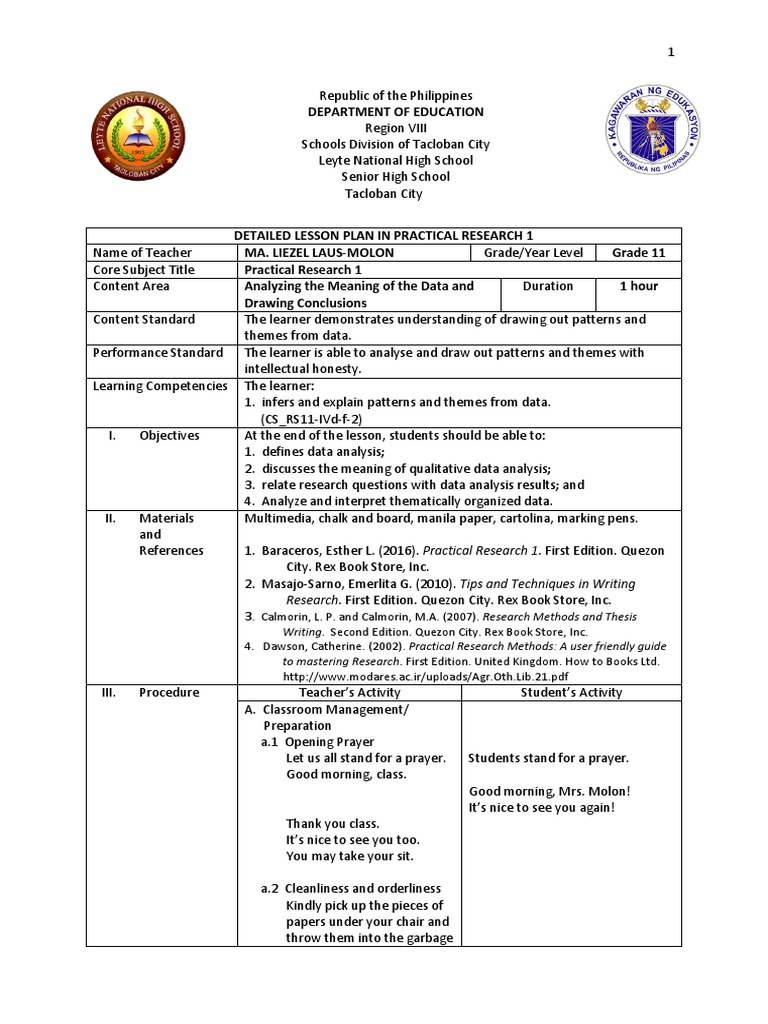 Detailed Lesson in Practical Research 1 (Data Analysis) A4 | PDF | Data ...