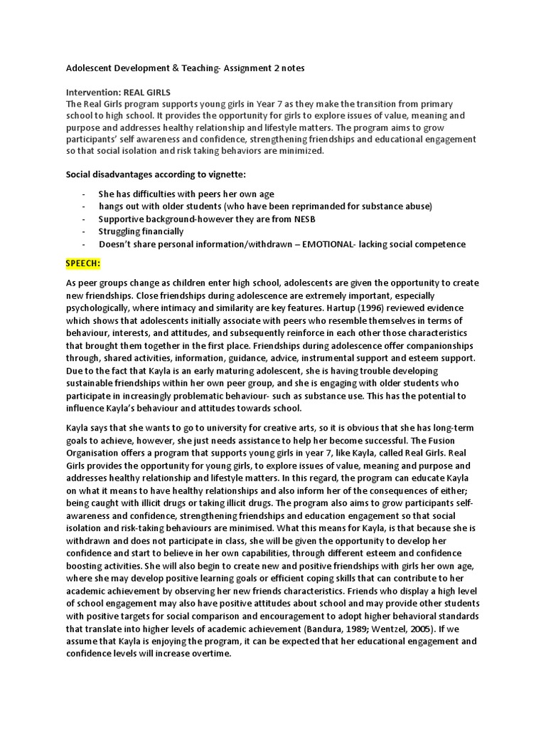 Adolescent Development - Assignment 2 | PDF | Friendship | Adolescence