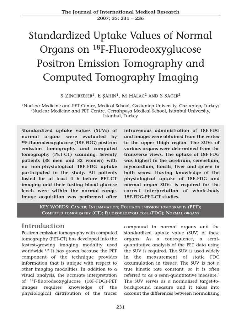 Standardized Uptake Values of Normal Organs On F-Fluorodeoxyglucose ...