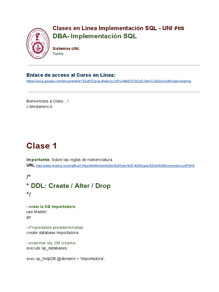 Clases en Linea Implementacion SQL - UNI 2017 | Descargar gratis PDF ...