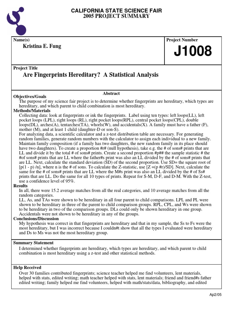 Are Fingerprints Hereditary? A Statistical Analysis: 2005 Project ...
