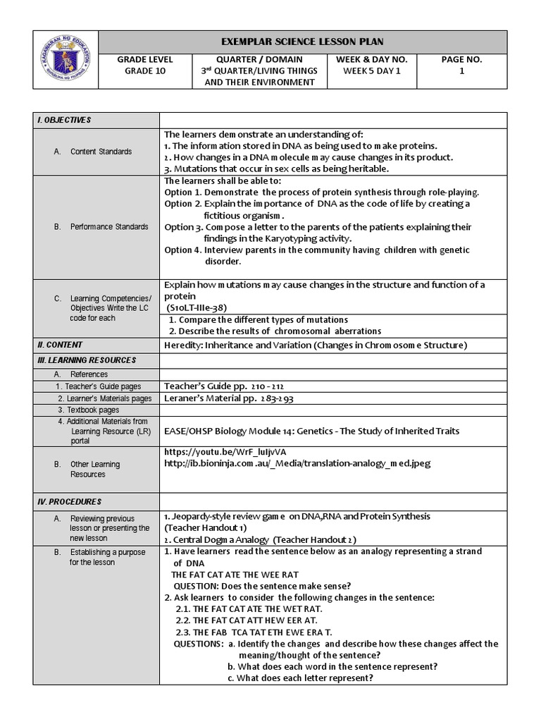 Genetics Lesson Plan for Grade 10 | PDF | Heredity | Mutation