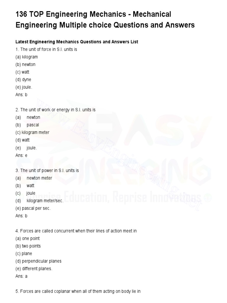Engineering Mechanics MCQs PDF | PDF | Friction | Force