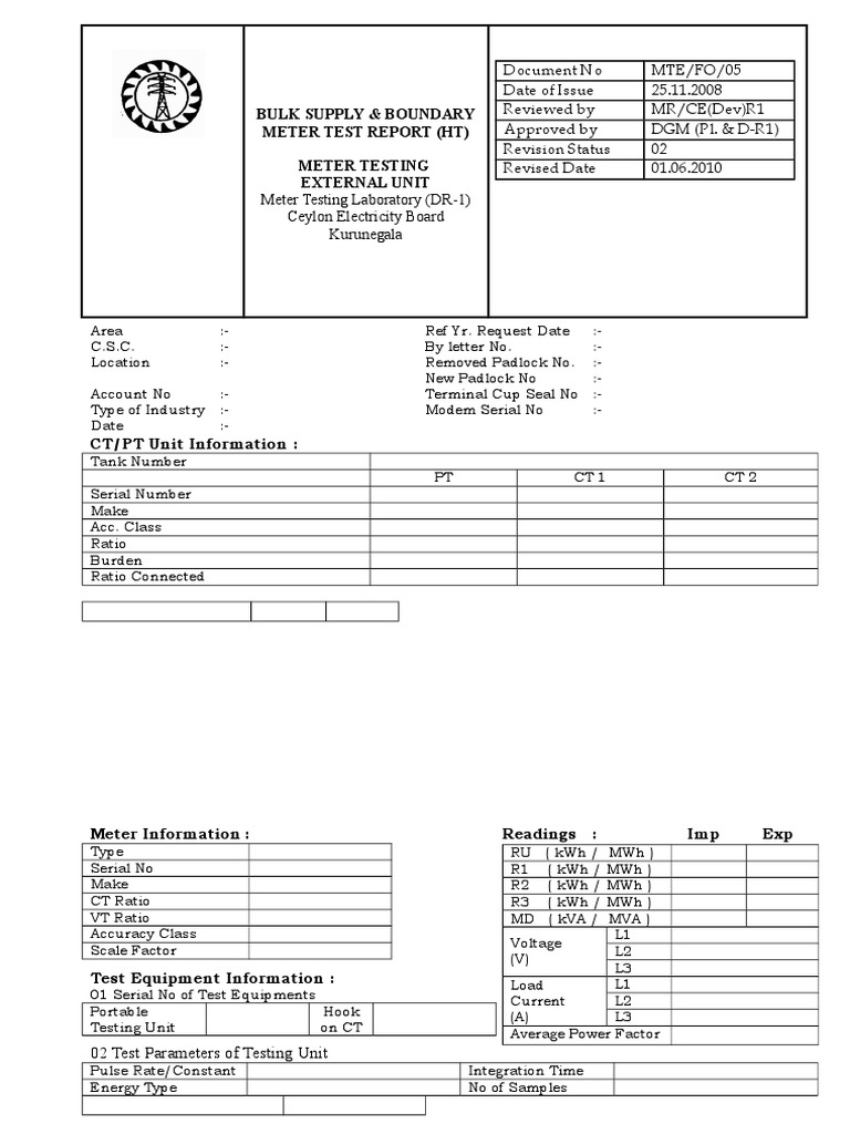 Mte-Fo-05 - Bulk Supply Meter Test Report (HT) | PDF | Kilowatt Hour ...