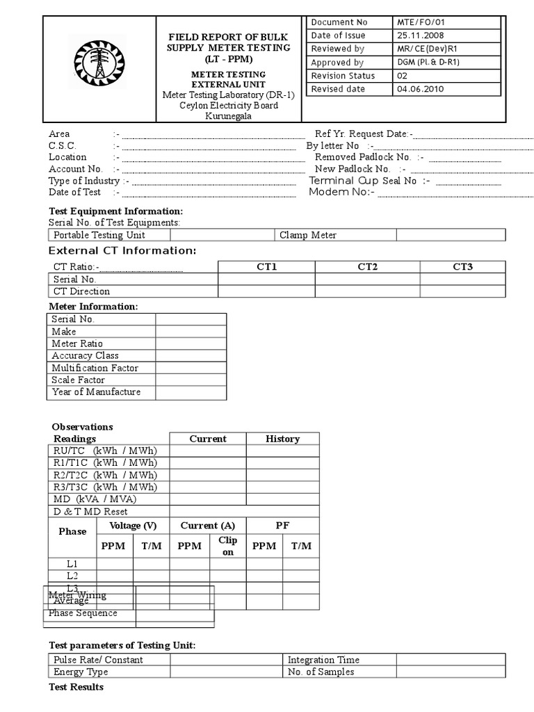 Mte-Fo-01 - Field Report of Bulk Supply Meter Testing (LT - PPM) | PDF ...