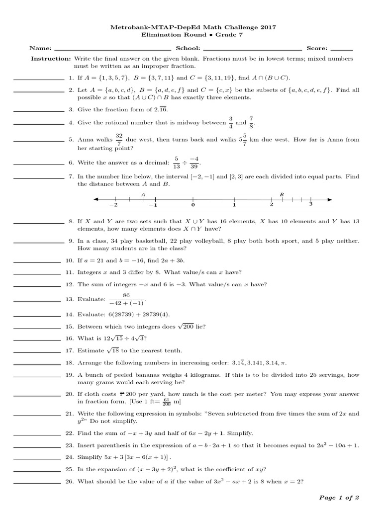 2017 Grade 7 Math Challenge Elimination Questions | PDF | Fraction ...