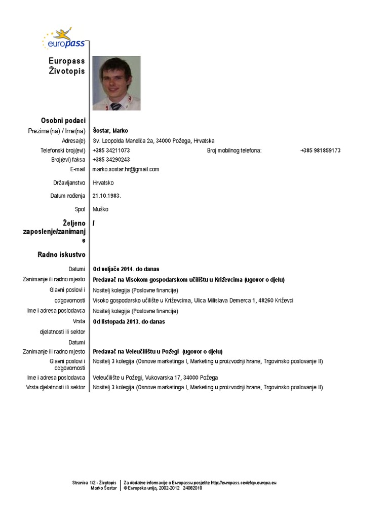 Europass CV - Marko Šostar (Hrvatski) | PDF