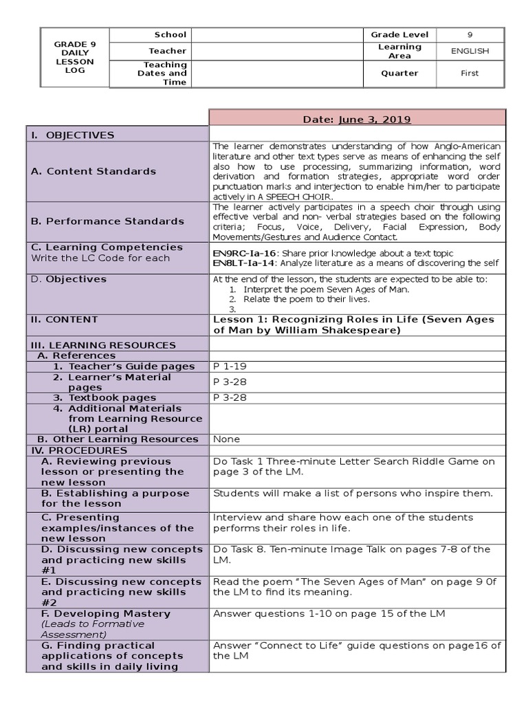 Grade 9 English DLL Lesson 1 | PDF | Learning | Teachers