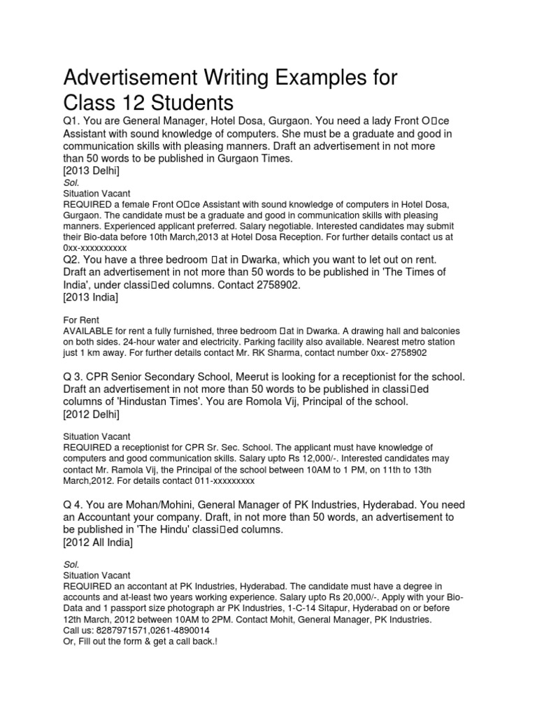 Advanced Writing Skills Class XI - XII | PDF | Business