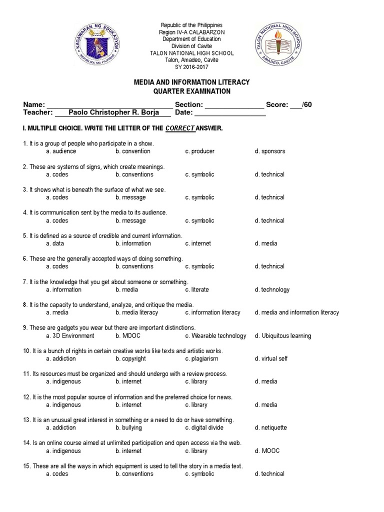 Midterm Exam | PDF | Information Literacy | Mass Media