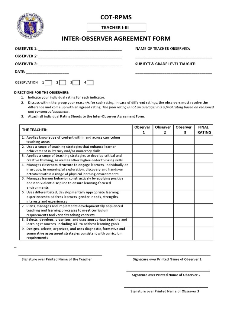 Inter-Observer Agreement Form 2024 | PDF | Teachers | Curriculum