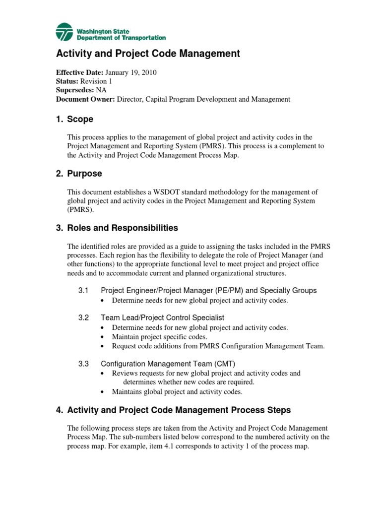 Activity and Project Code Management: 1. Scope | PDF