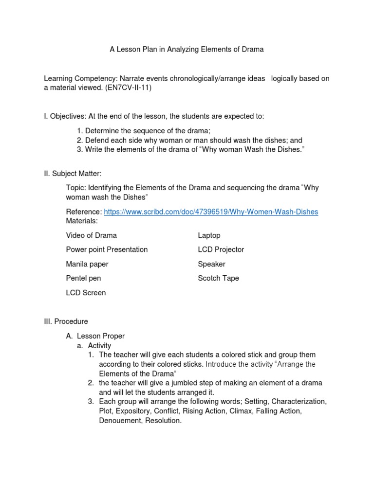 A Lesson Plan in Analyzing Elements of Drama | PDF | Lesson Plan ...