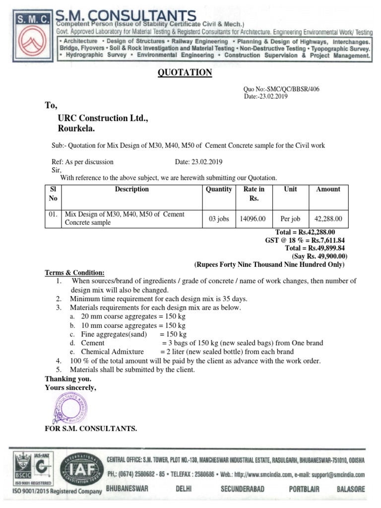 Quotation-For Mix Design | PDF | Masonry | Concrete