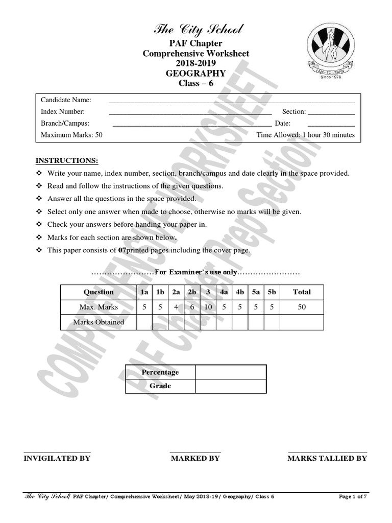 Geography Comprehensive Worksheet Class 6 Paper 2019 | PDF | Trees ...