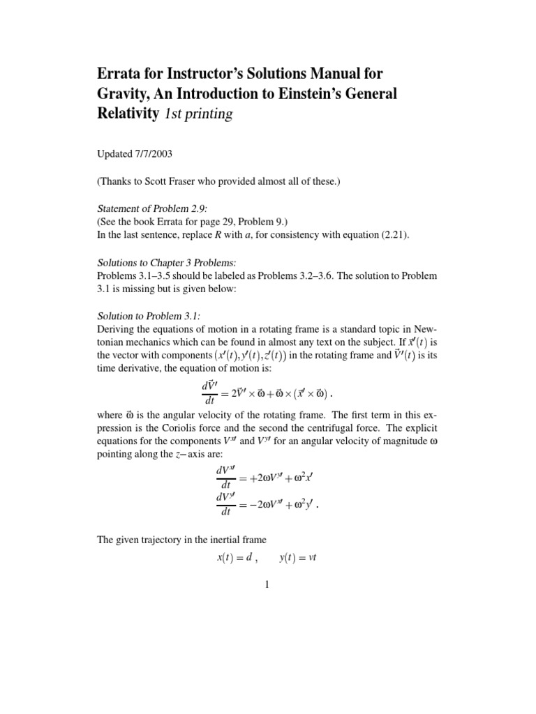 1st Printing: Errata For Instructor's Solutions Manual For Gravity, An Introduction To Einstein ...