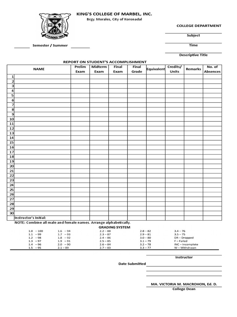 Grading Sheet (College) | PDF