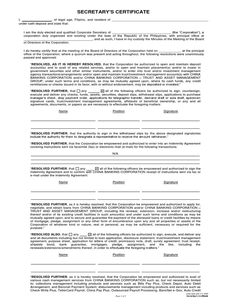Secretary's Certificate Authorization | PDF | Debits And Credits | Deposit Account