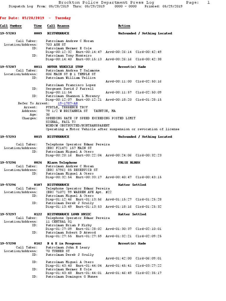 Brockton Police Log: May 28-29, 2019 | PDF | Arrest | Practice Of Law