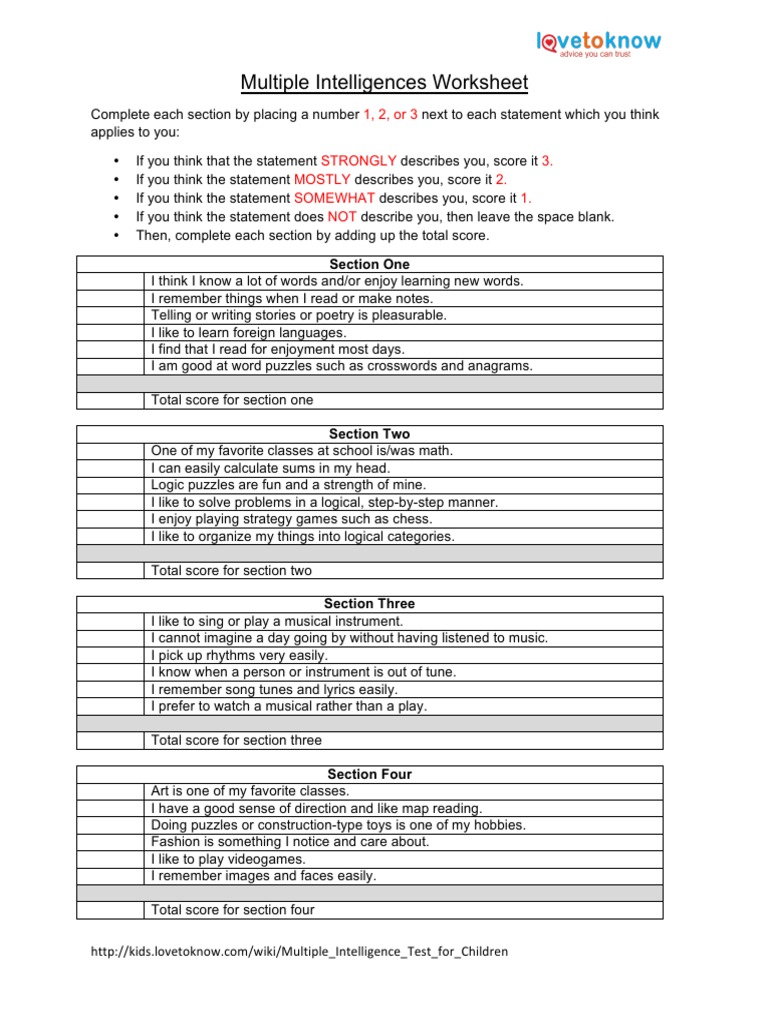Multiple Intelligences Worksheet for Kids | PDF | Video Games | Zoo