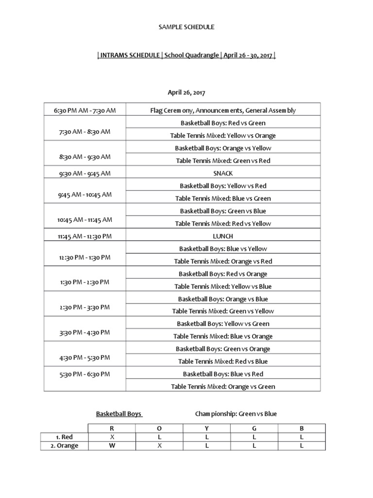 Sample Intramurals Schedule | Green | Red