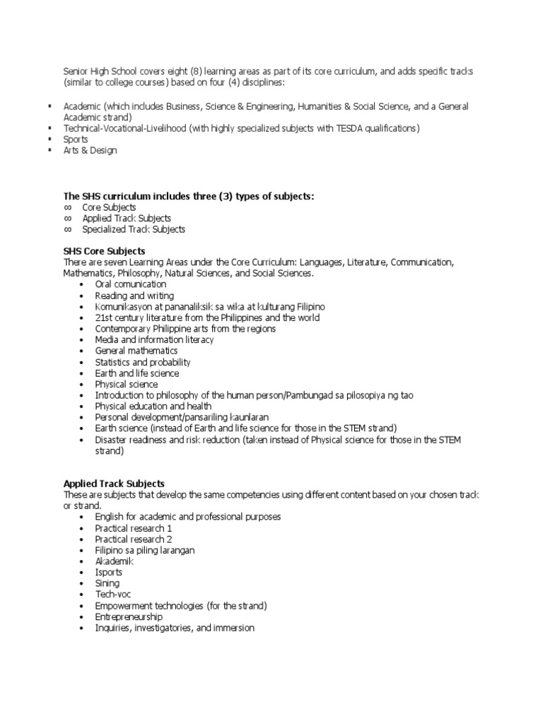 The SHS Curriculum Includes Three (3) Types of Subjects | PDF | Social ...