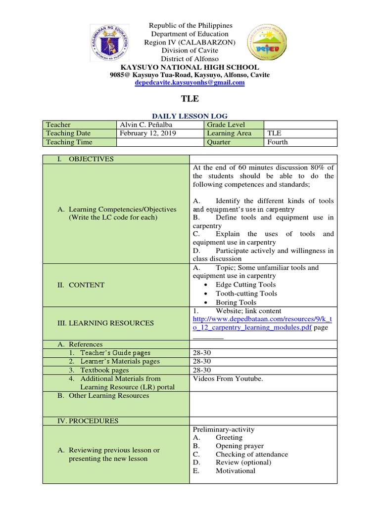 Carpentry Tools Lesson Plan for Grade 8 | PDF | Woodworking | Tools