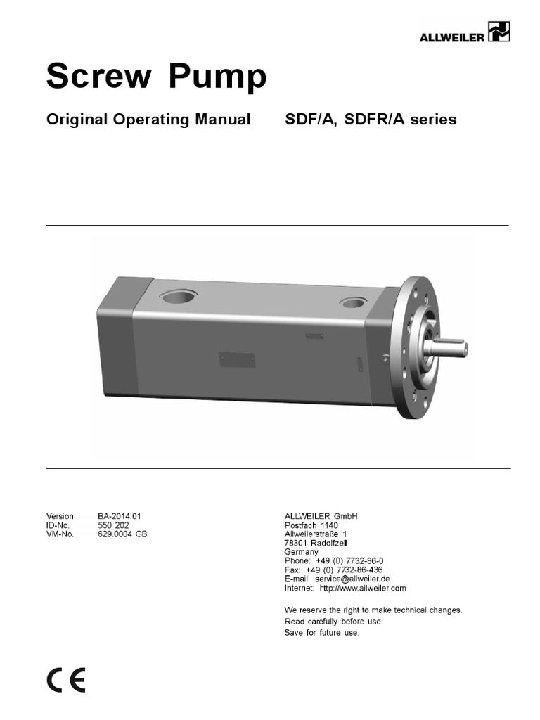 Screw Pump: Original Operating Manual SDF/A, SDFR/A Series | PDF