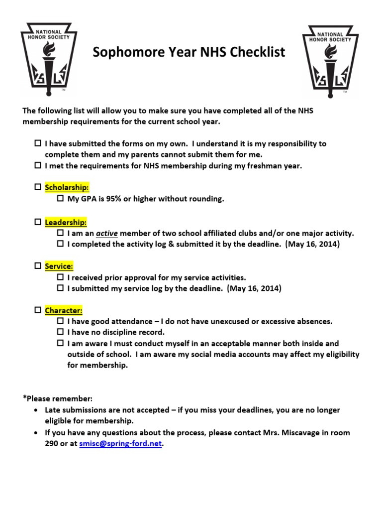 Sophomore NHS Checklist | PDF