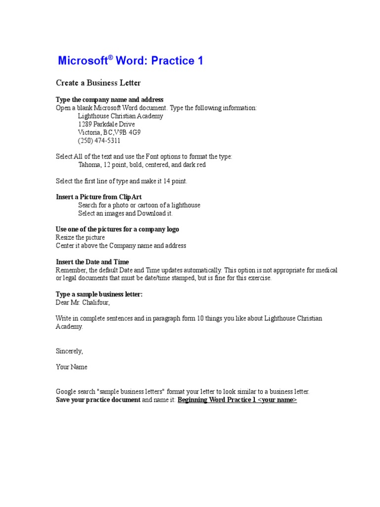 Microsoft Word: Practice 1: Create A Business Letter | PDF | Microsoft ...