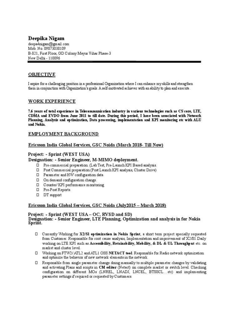 Deepika Nigam Curriculum Vitae | PDF | Ericsson | Lte (Telecommunication)