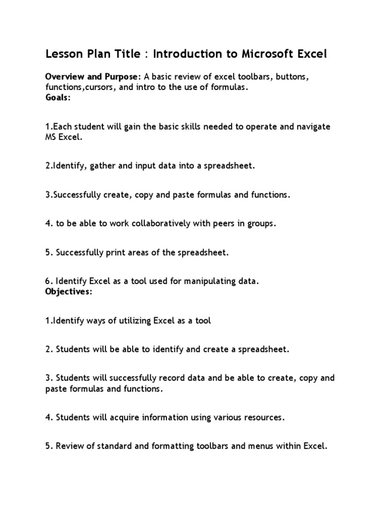 Lesson Plan Intro To Excel | PDF | Spreadsheet | Microsoft Excel