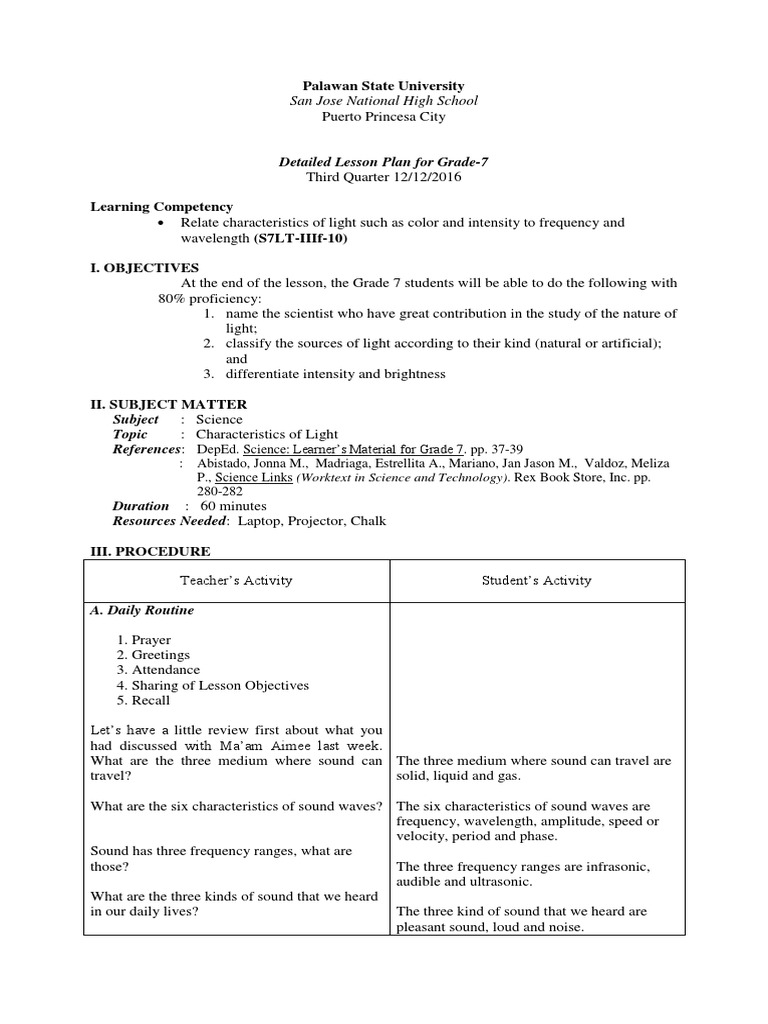 Grade 7 Lesson Plan: Characteristics of Light | PDF | Light | Periodic ...