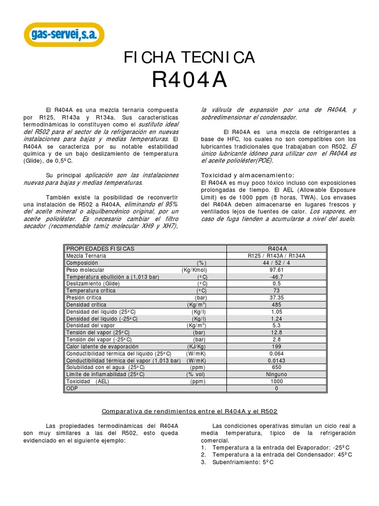 R404A-Ficha Tecnica PDF | PDF | Refrigeración | Meteorología